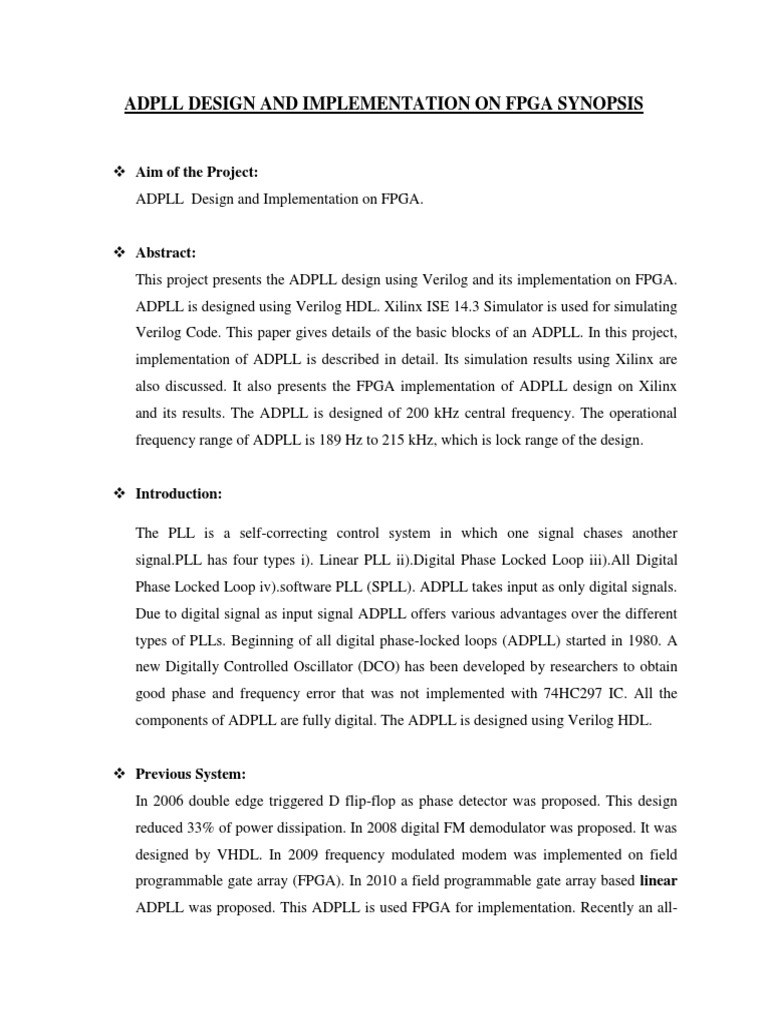 Synopsis of ADPLL Design and Implementation On FPGA | PDF | Detector (Radio) | Field ...