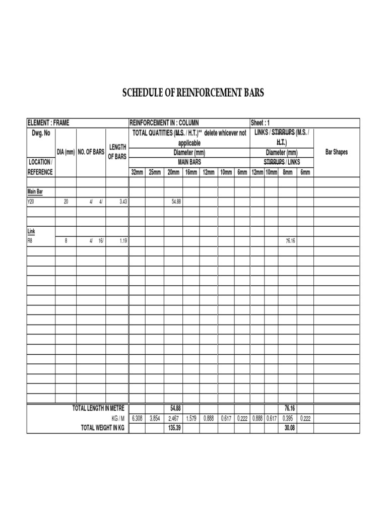Reinforcement Bar Schedule and Weights | PDF | Technology & Engineering