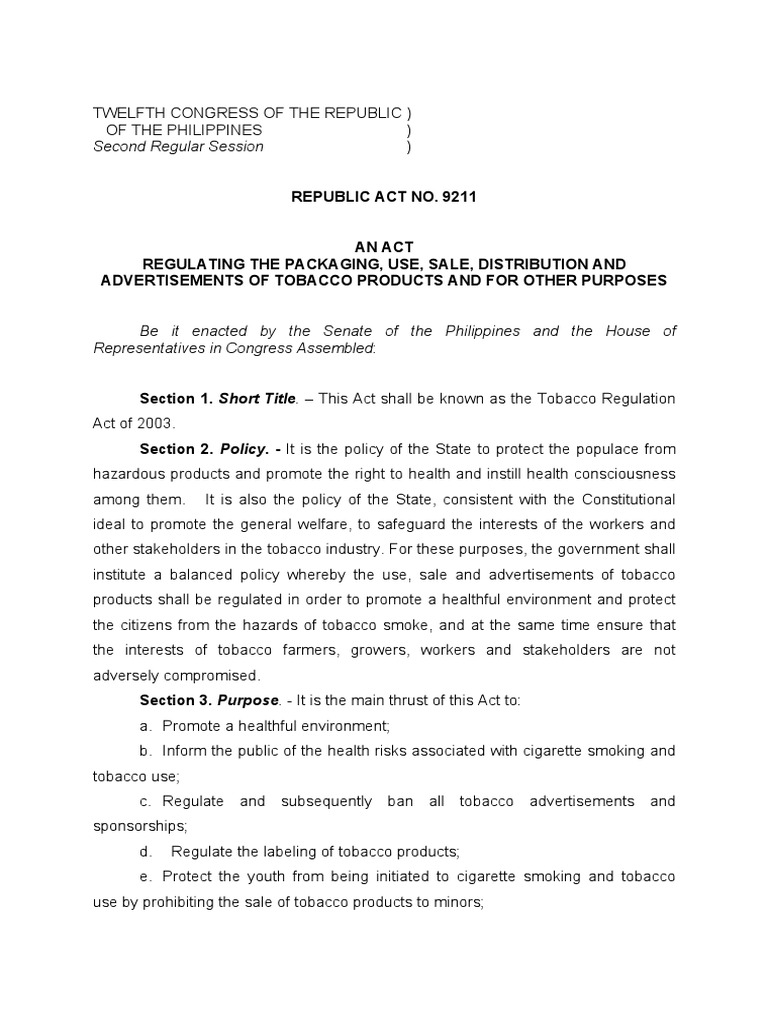 RA 9211 - Tobacco Regulation Act | Cigarette | Advertising