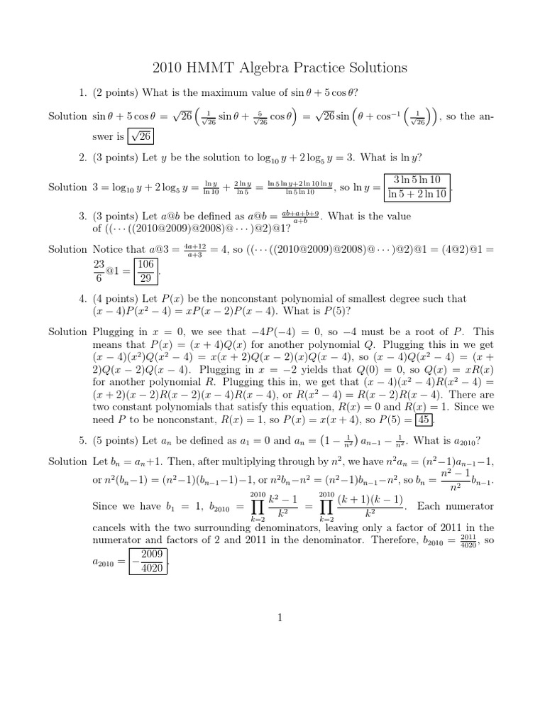 2010 HMMT Algebra Practice Solutions | PDF | Equations | Trigonometric ...