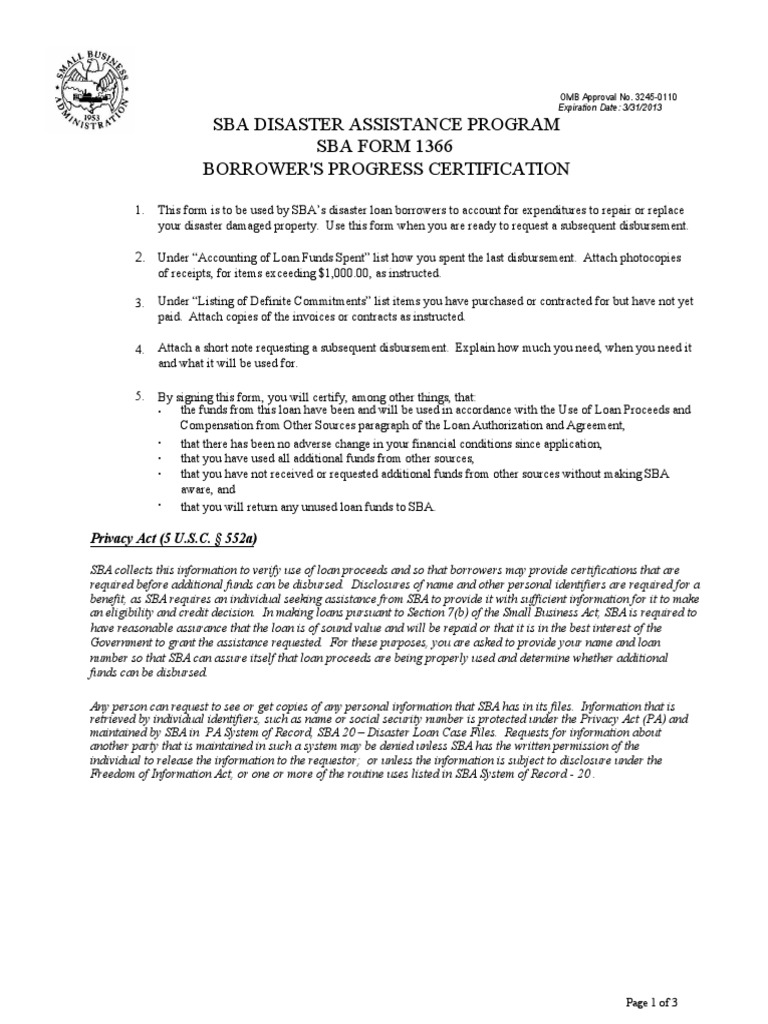 SBA DISASTER ASSISTANCE PROGRAM BORROWER'S PROGRESS CERTIFICATION | PDF ...