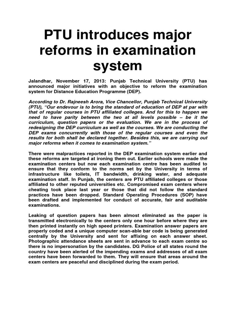 PTU Introduces Major Reforms in Examination System | PDF | Standardized ...