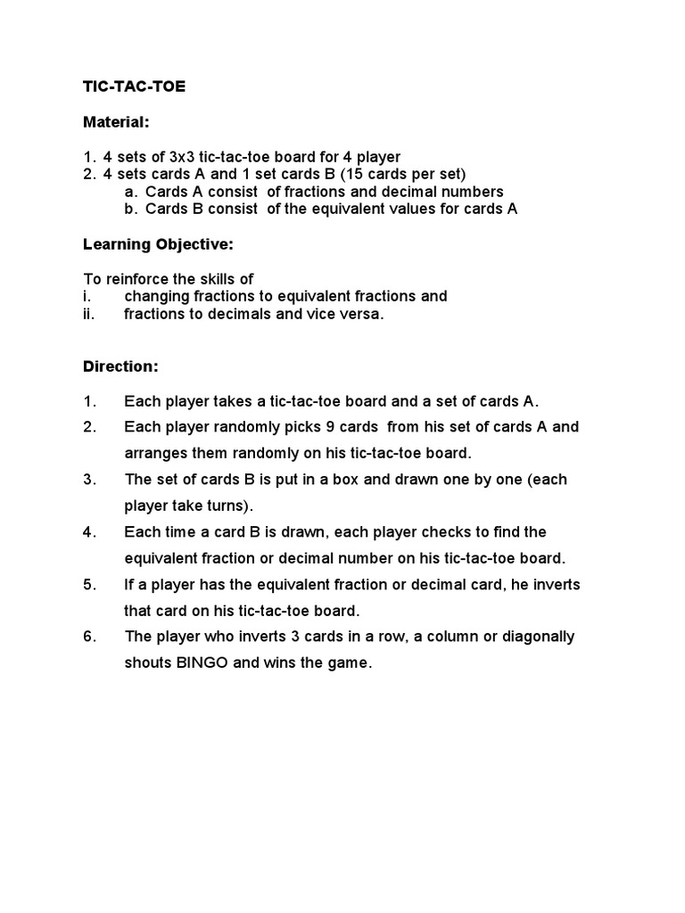 Tic-Tac-Toe Game for Fractions & Decimals | PDF