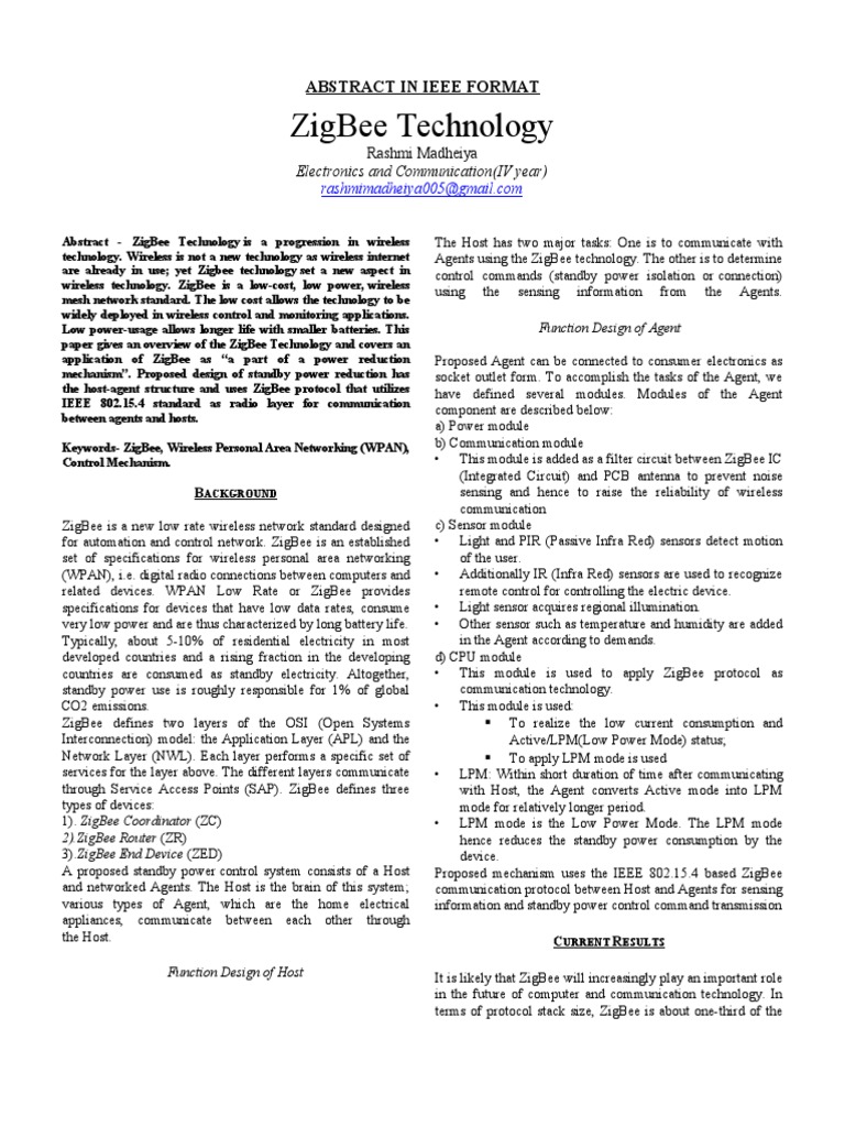 Zigbee Technology Paper Abstract | Download Free PDF ...