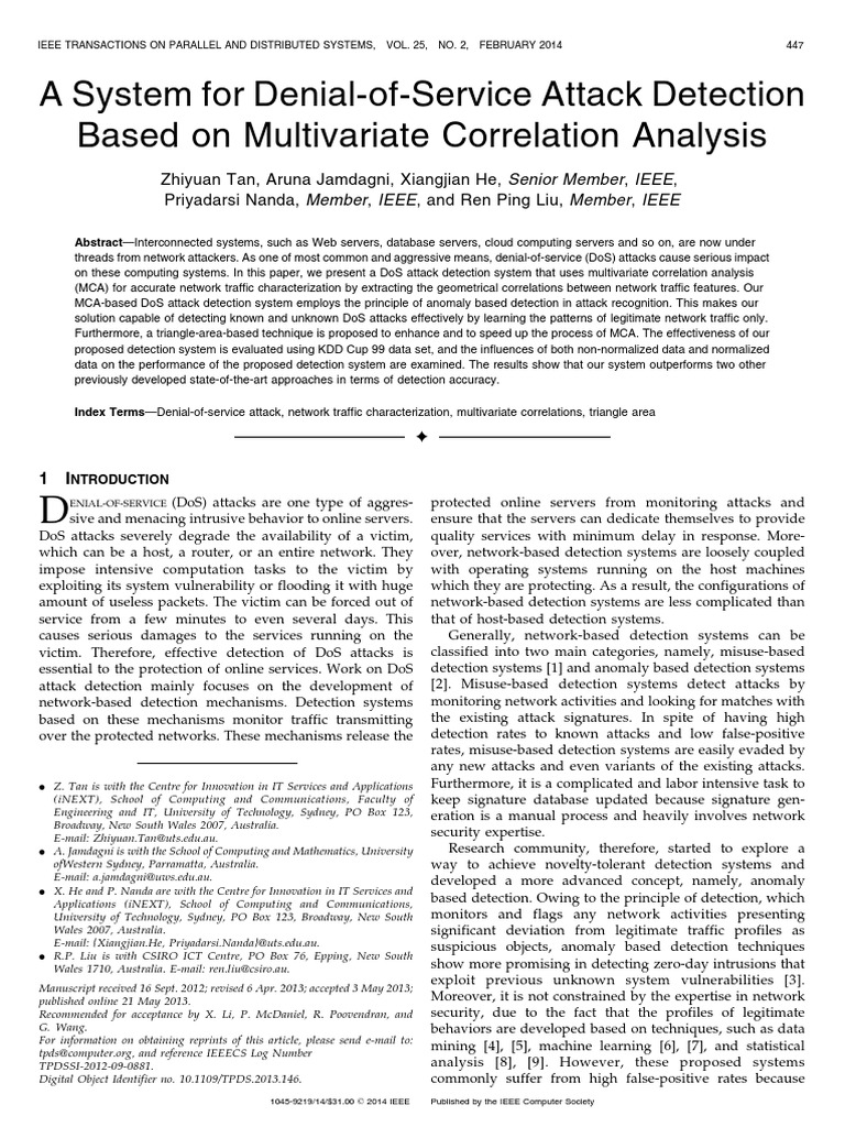 A System For Denial-of-Service Attack Detection Based On Multivariate Correlation Analysis ...
