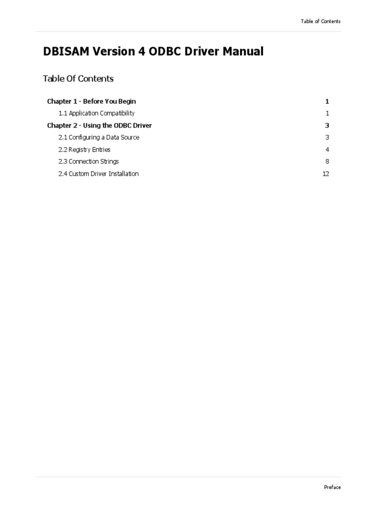 DBISAM Version 4 ODBC Driver Manual Table of Contents | PDF | Windows Registry | Databases