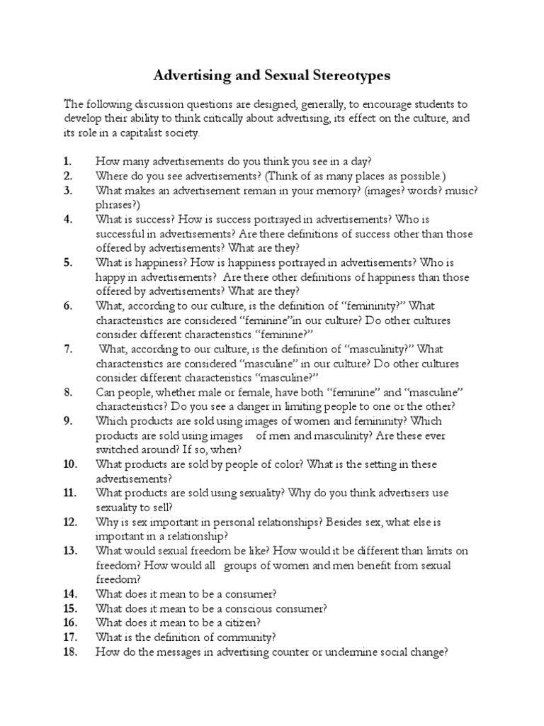 Ads and Stereotypes Questions | PDF | Femininity | Masculinity