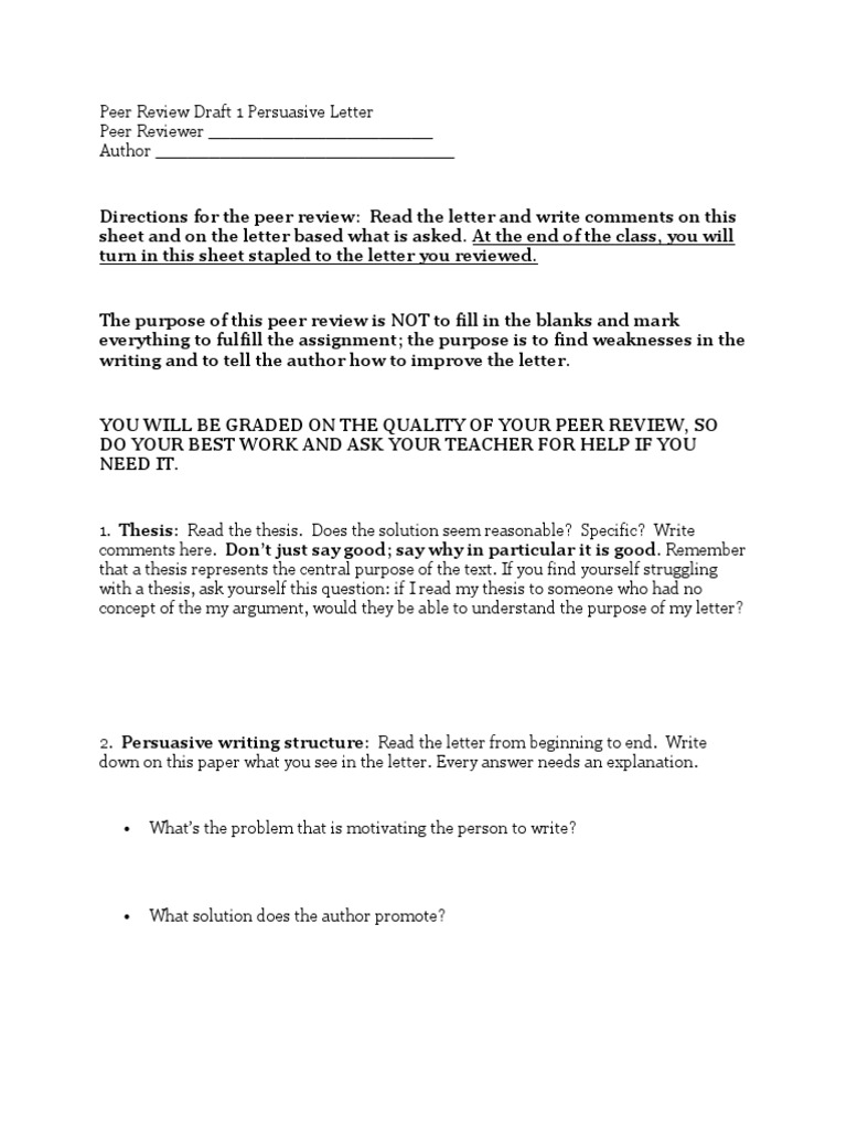 Peer Review Guide for Persuasive Letters | PDF | Thesis | Persuasion