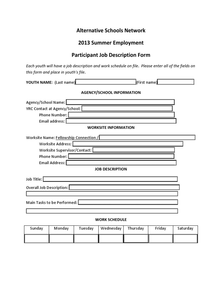 Summer Job Description Form for Youth | PDF | Social Science