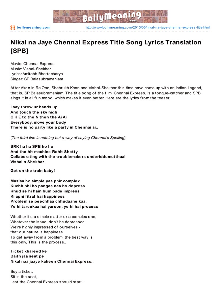 Nikal Na Jaye Chennai Express Title Song Lyrics Translation SPB | PDF ...