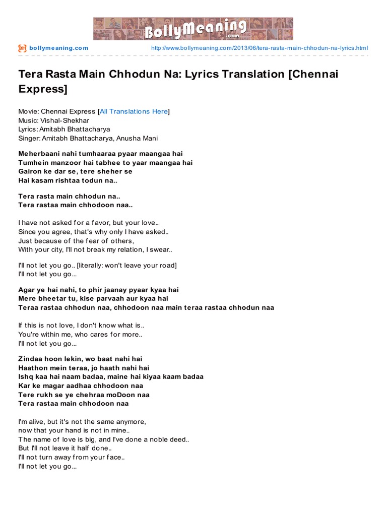 Tera Rasta Main Chhodun Na Lyrics Translation Chennai Express | PDF