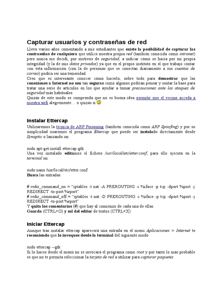 Tutorial Ettercap | PDF | Red de computadoras | Contraseña