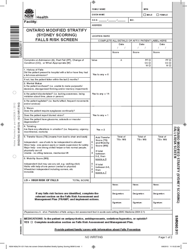 Ontario Modi Stratify Sydney Scoring Falls Risk Screen | Ontario
