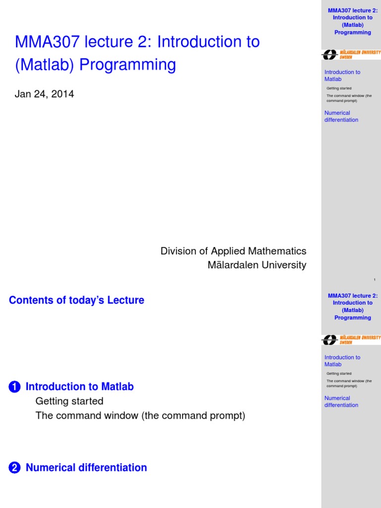 MMA307 Lecture 2: Introduction To (Matlab) Programming | PDF ...