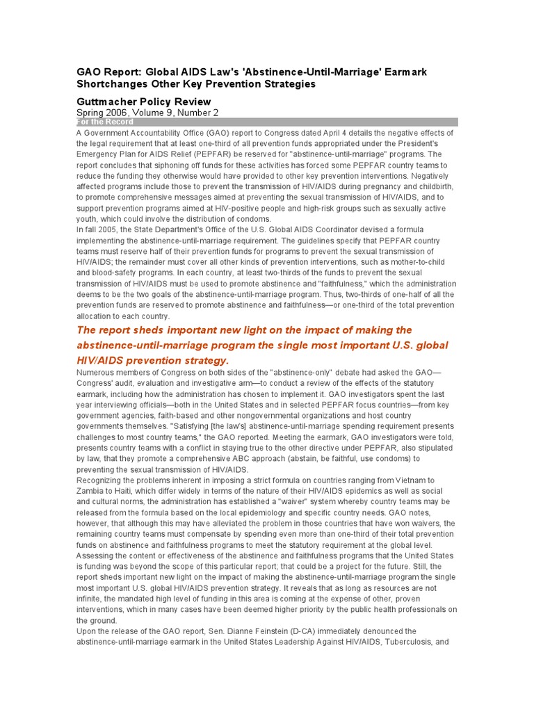 GAO Report Global AIDS Laws Abstinence Until Marriage Earmark ...