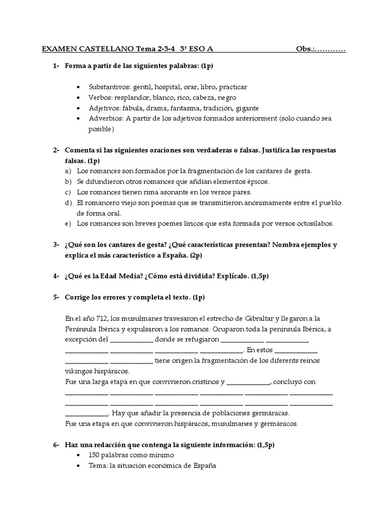 EXAMEN CASTELLANO 3º ESO AObs | PDF | Idiomas