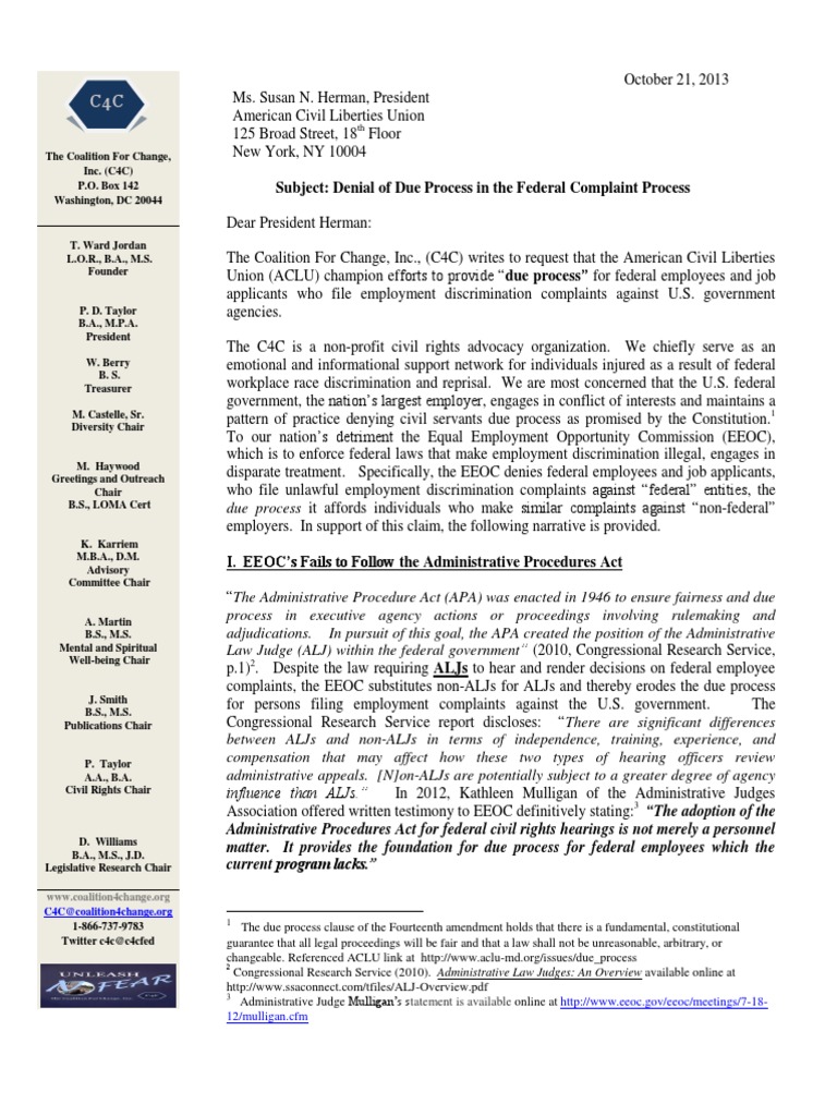C4C 2013 Letter To ACLU Re: Denial of Due Process | PDF | Equal ...