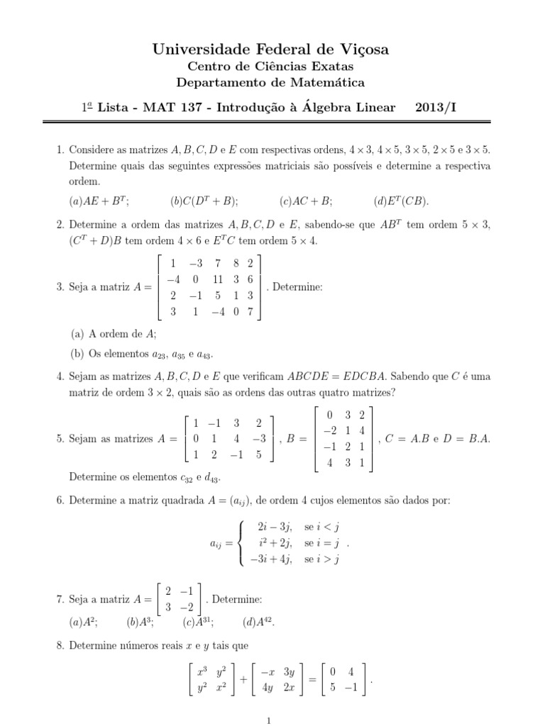 Lista De Exercícios Sobre álgebra Linear Com Questões Sobre Matrizes