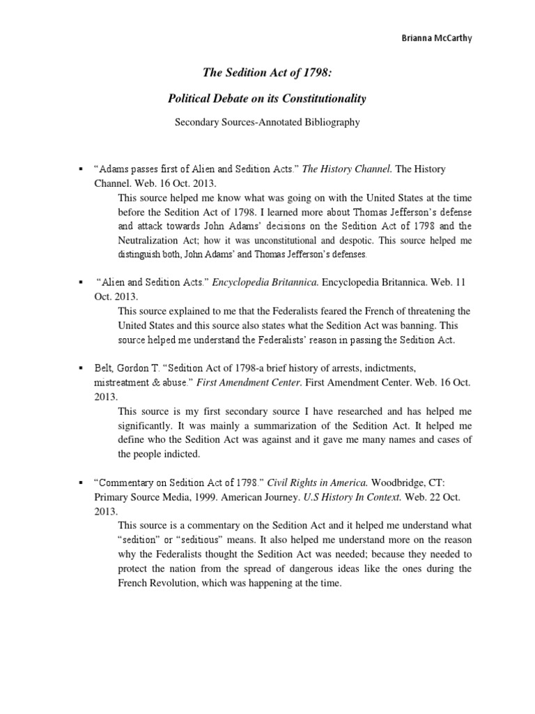 The Sedition Act of 1798 Annotated Bibliography | PDF | Thomas ...