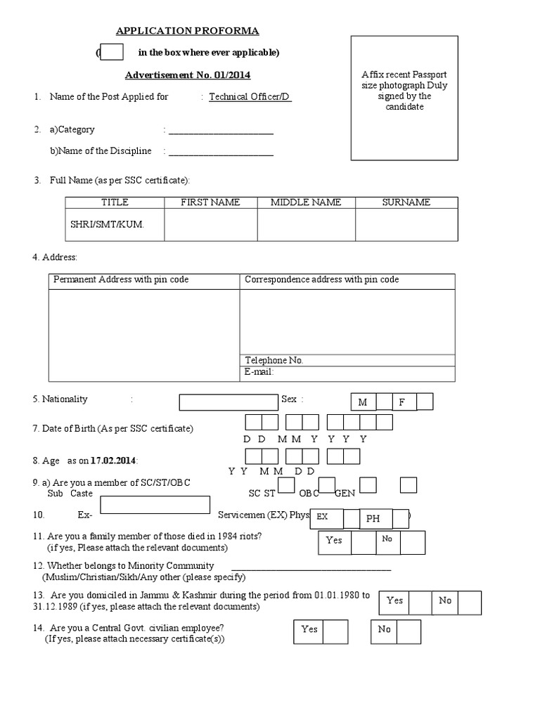Application Proforma: (Put in The Box Where Ever Applicable) | PDF ...