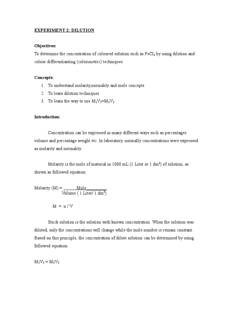 Experiment 2 Dilution | PDF | Concentration | Solution