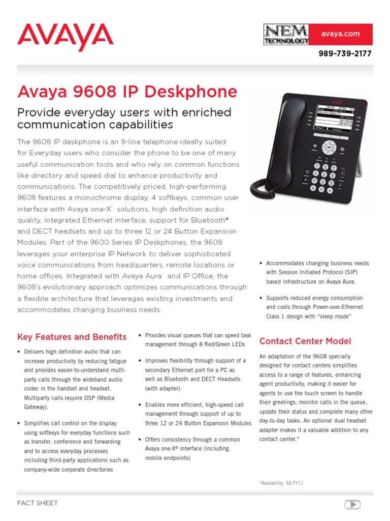 Avaya 9608 IP Deskphone - Fact Sheet | PDF | Session Initiation Protocol | Call Centre