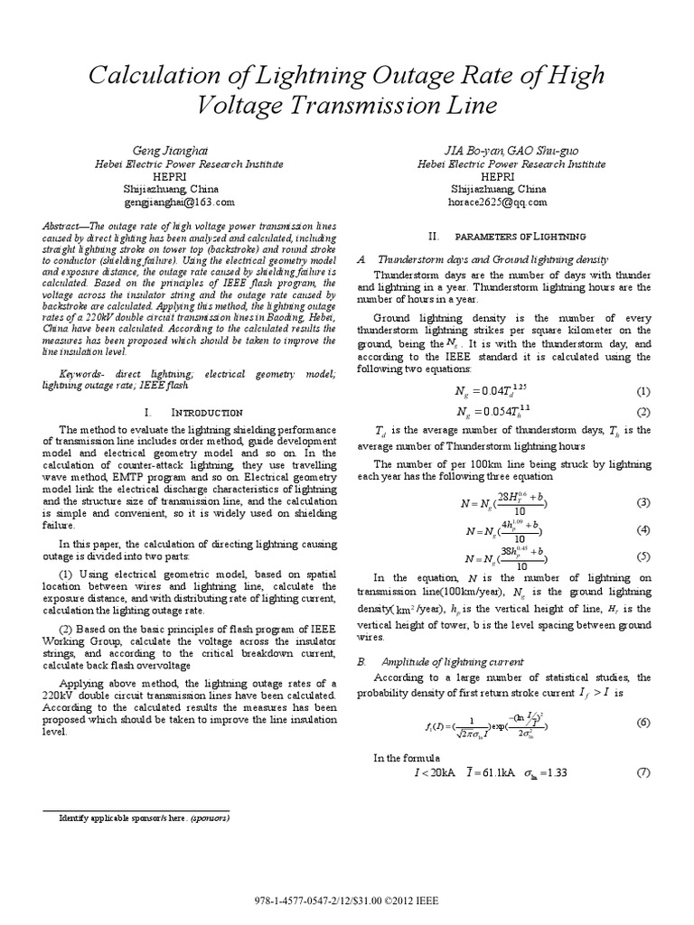 Calculation of Lightning Outage Rate | PDF | Insulator (Electricity ...