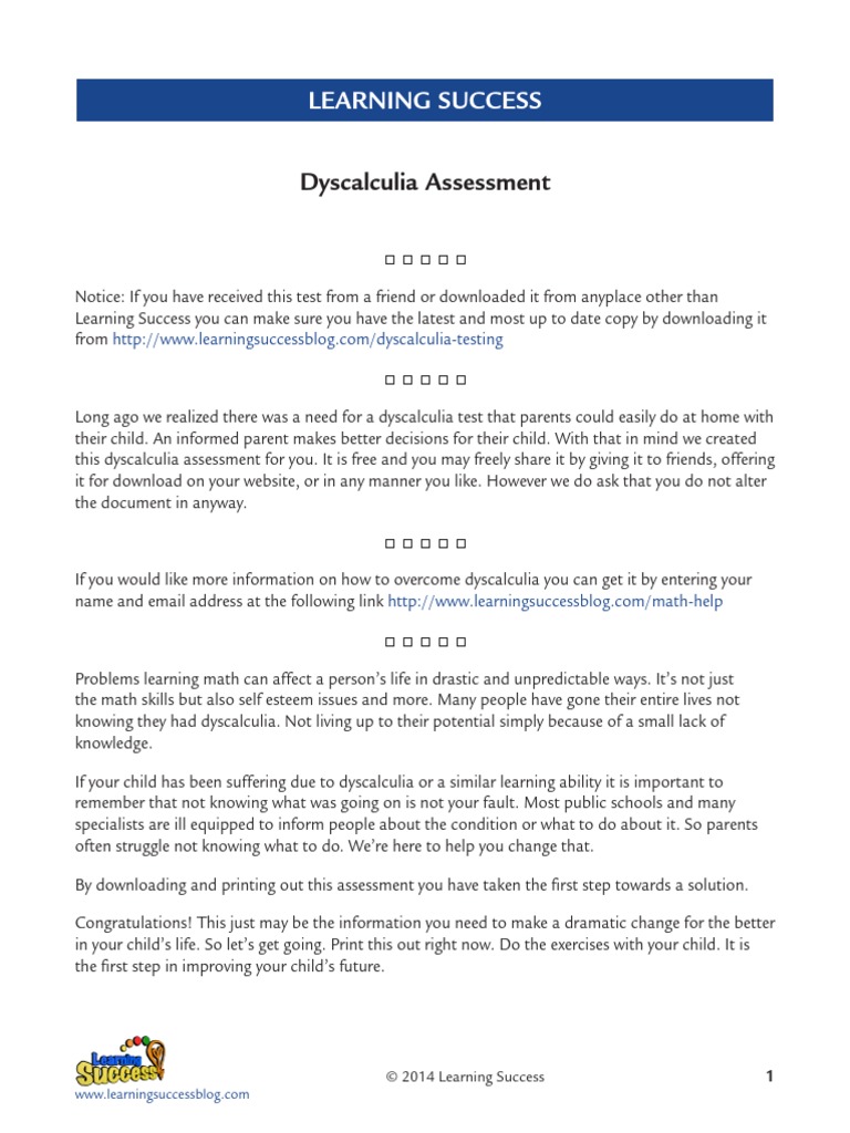 Dyscalculia Test | PDF | Educational Assessment | Subtraction
