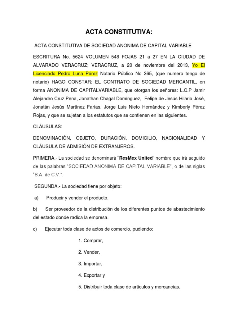 Ejemplo de Acta Constitutiva | PDF | Liquidación | Compartir (Finanzas)