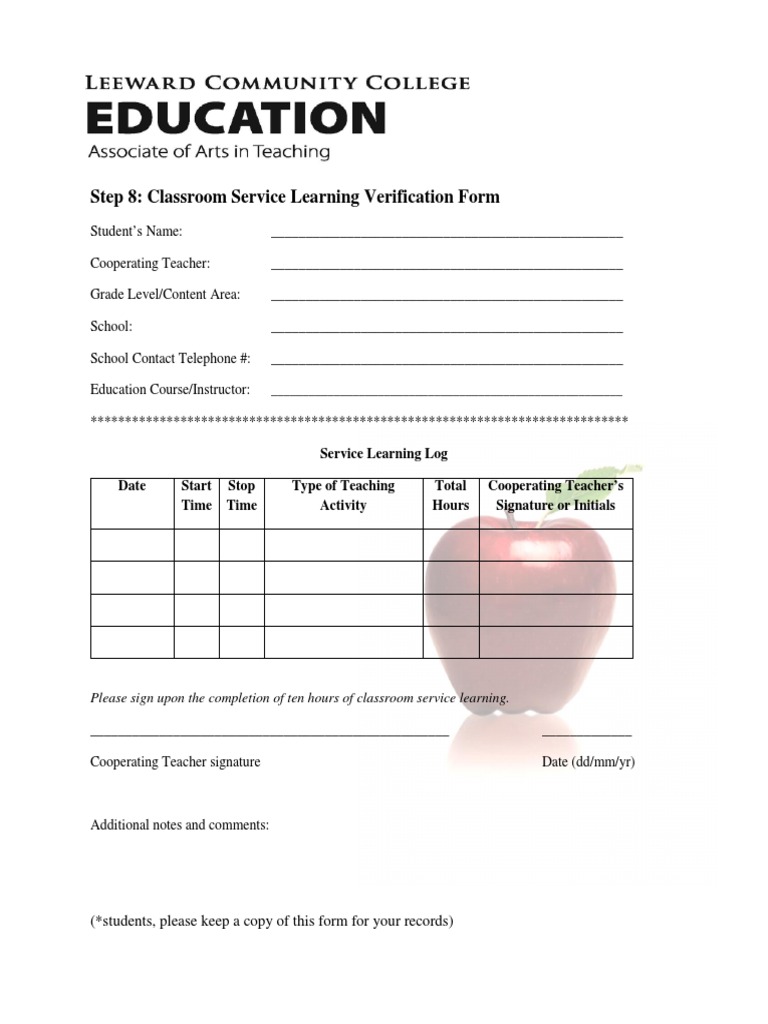 Classroom Service Learning Verification Form | PDF