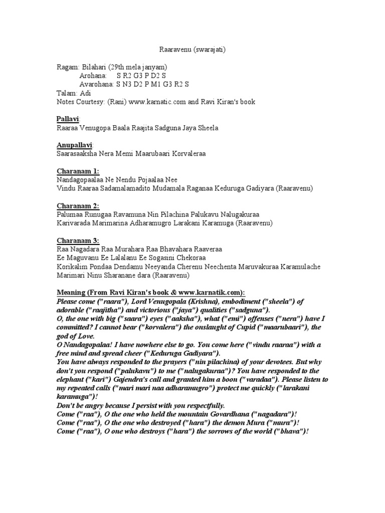 Raaravenu (Swarajati) Ragam: Bilahari (29th Mela Janyam) Arohana: S R2 ...