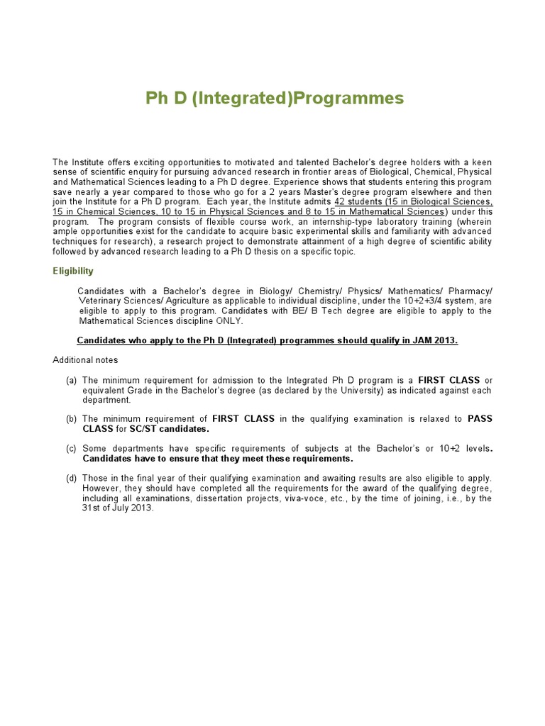 PH D (Integrated) Programmes: Eligibility | PDF | Academic Degree | Doctor Of Philosophy