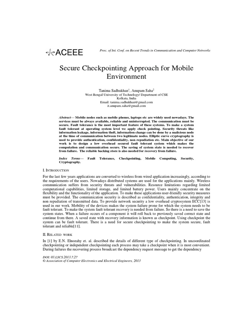 Secure Checkpointing Approach For Mobile Environment | PDF | Key (Cryptography) | Cryptography