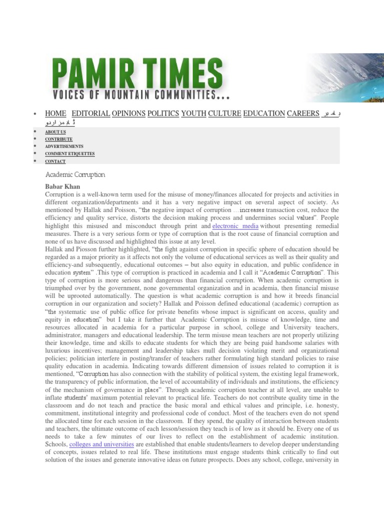 Academic Corruption Published in Pamirtimes | PDF | Corruption | Teachers