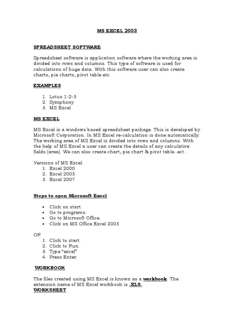 MS EXCEL 2003 SPREADSHEET SOFTWARE Spreadsheet Software Is Application ...