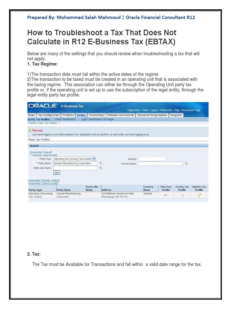 Tax Does Not Calculate in R12 E-Business Tax (EBTAX) | PDF | Taxes | Computing And Information ...