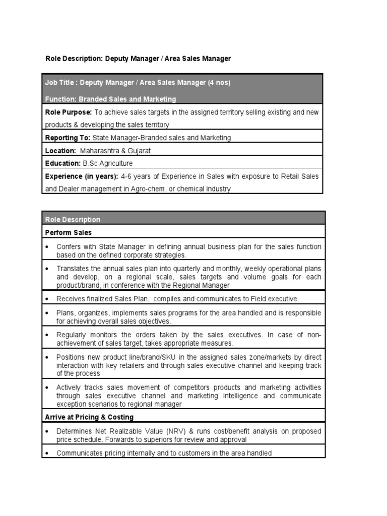 Deputy Sales Manager Role Overview | PDF | Sales | Economic Institutions