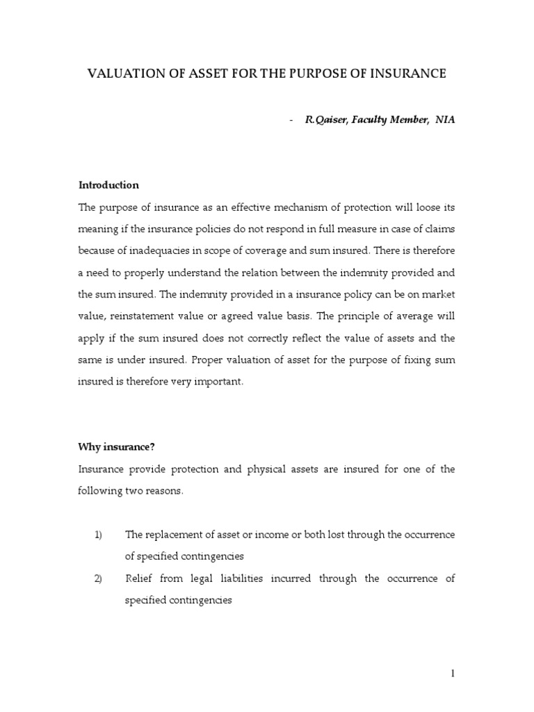 Asset Valuation for Insurance Purposes | PDF | Insurance | Valuation ...