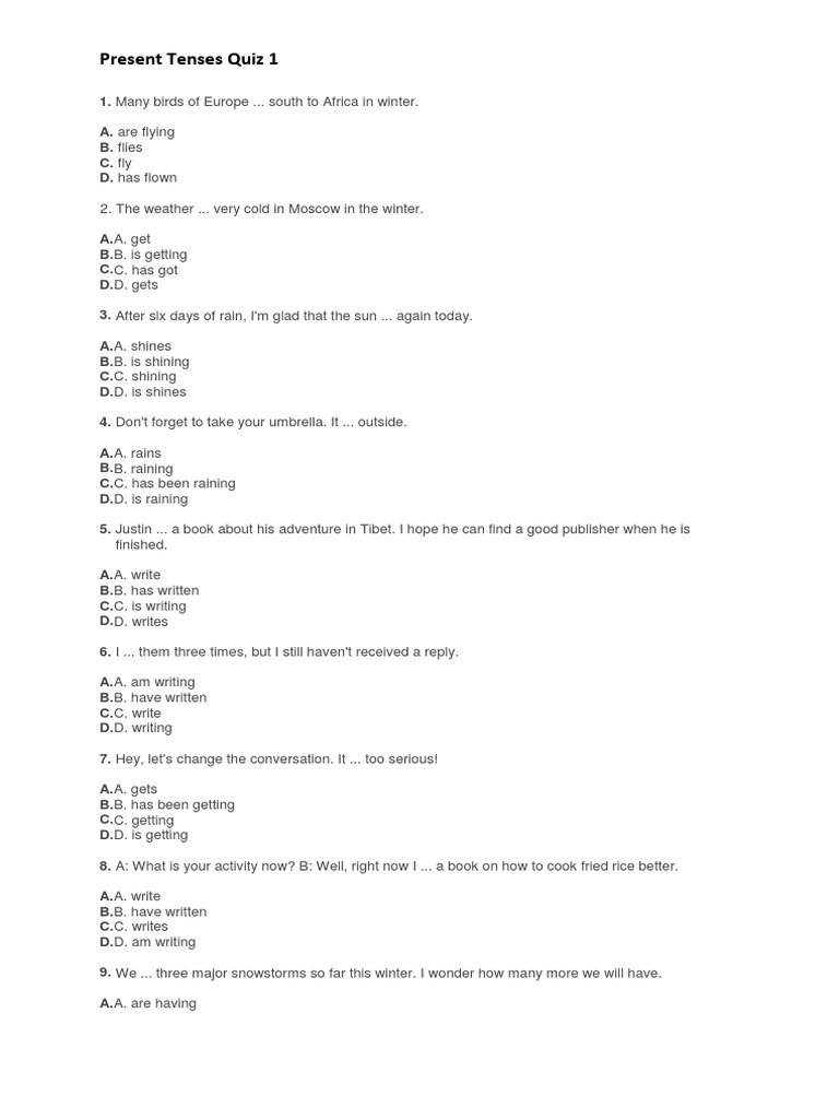 Present Tenses Quiz | PDF | Leisure