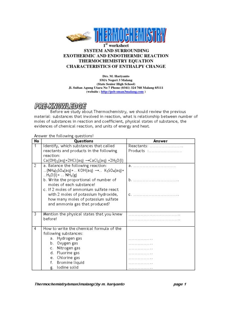 Thermochemistry Worksheet Overview | PDF | Chemical Reactions | Calorimetry