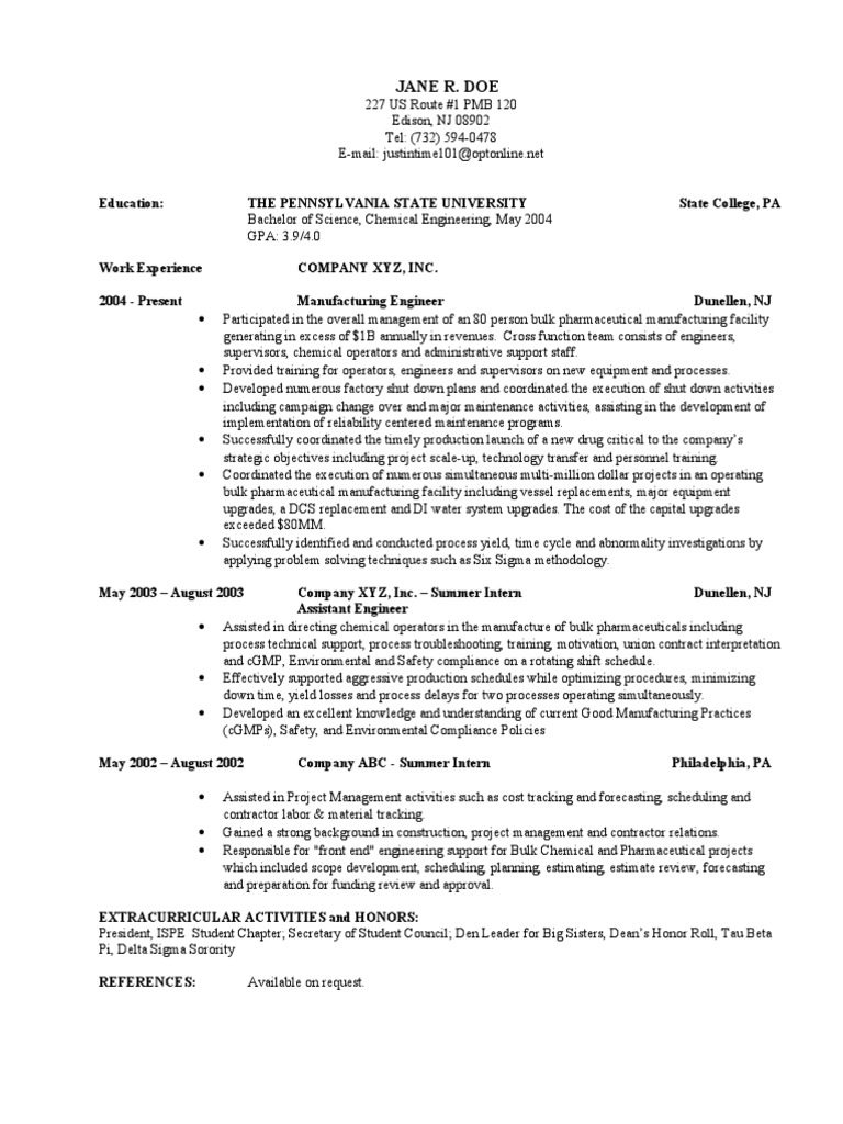 Student Sample Resume 1 | Project Management | Pharmaceutical Drug