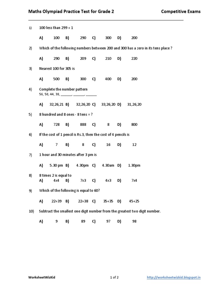 Maths Olympiad Practice Test For Grade 2 Competitive Exams: A) B) C) D ...