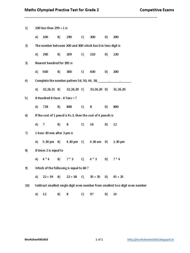 Maths Olympiad Practice Test For Grade 2 Competitive Exams ...