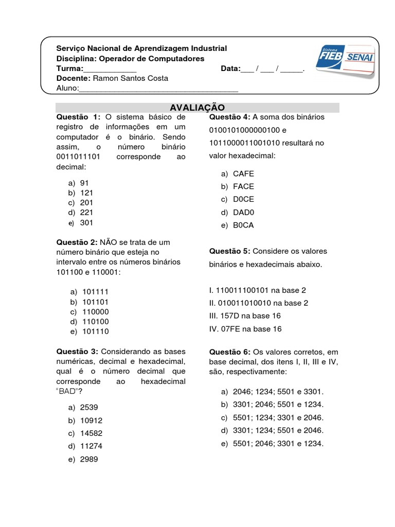Prova Matemátca Básica - Alunos | PDF | Decimal | Teoria da Computação