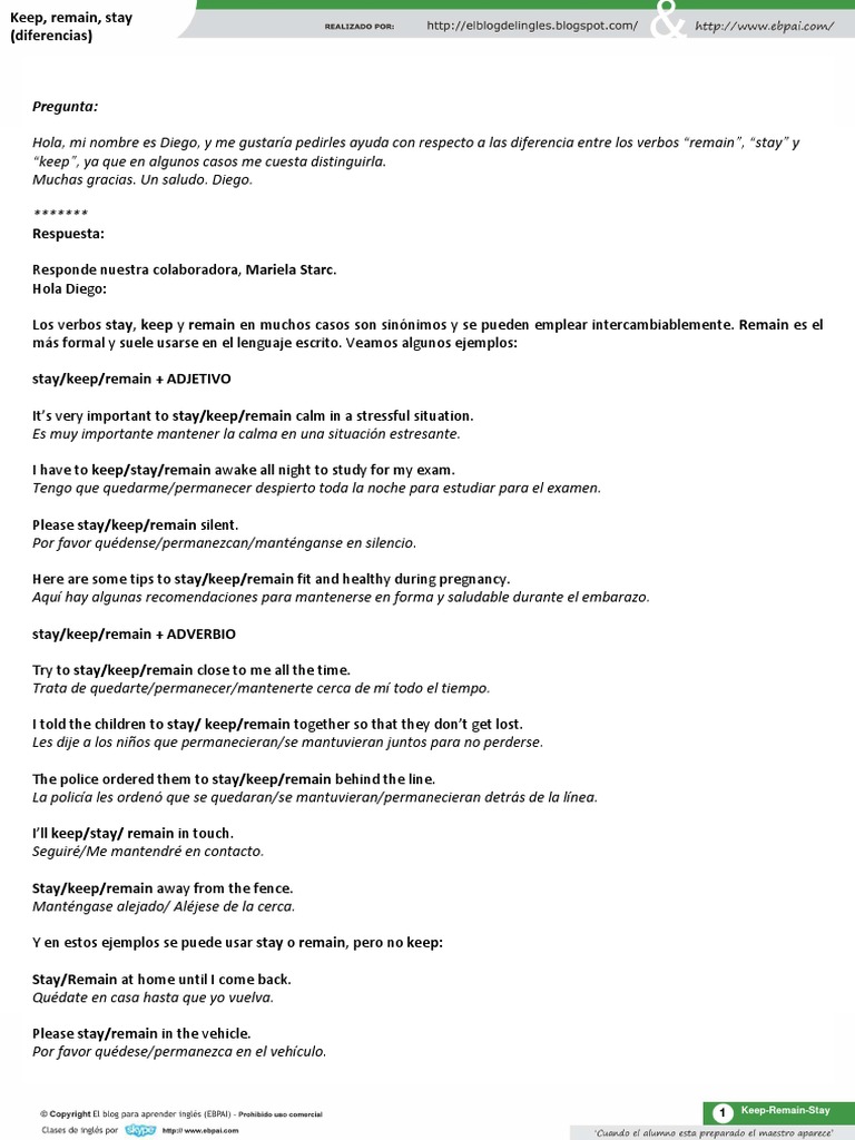 Diferencias entre stay, keep y remain | PDF | Artes del Lenguaje y ...