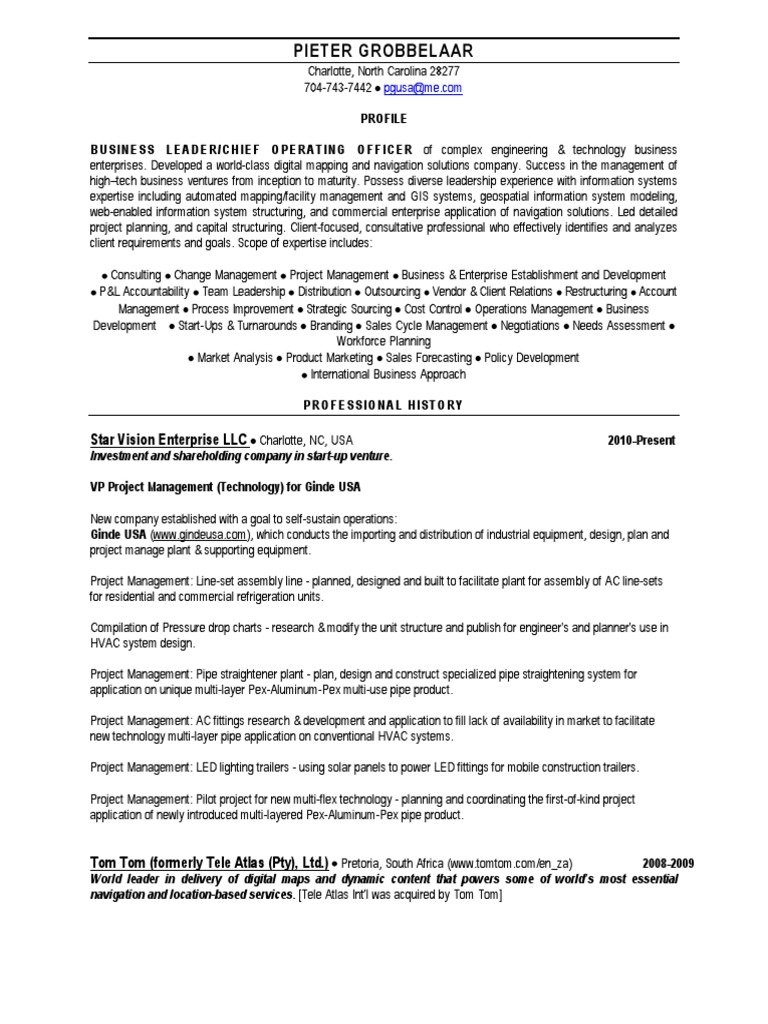 VP Project Manager Technology in Charlotte NC Resume Pieter Grobbelaar ...