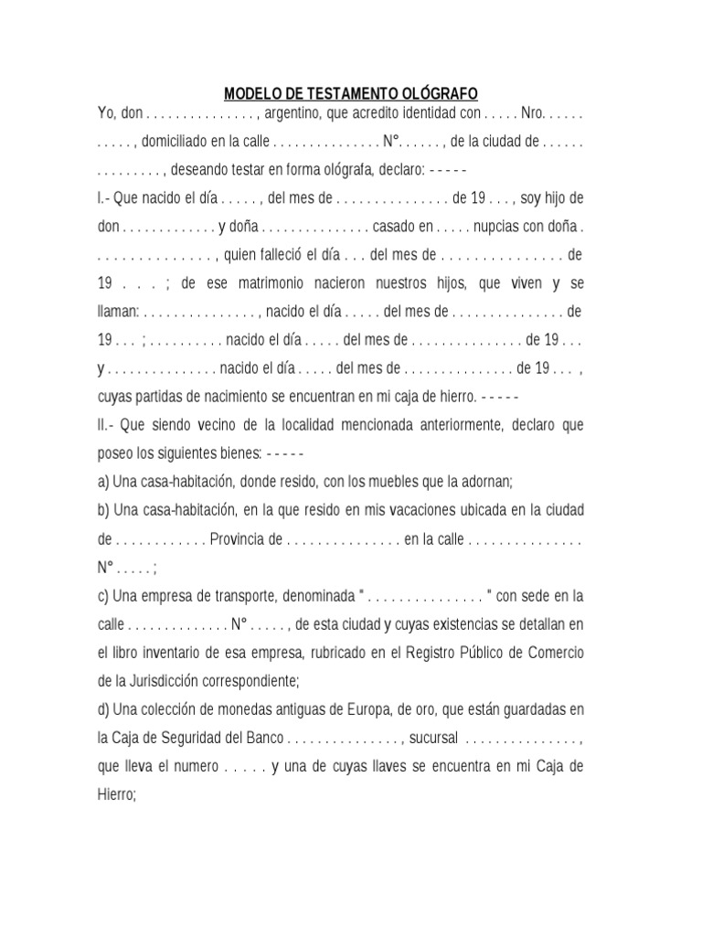 MODELO DE TESTAMENTO OLÓGRAFO