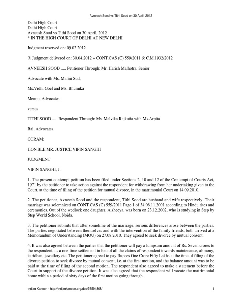 Avneesh Sood vs Tithi Sood Judgment | PDF | Eviction | Divorce