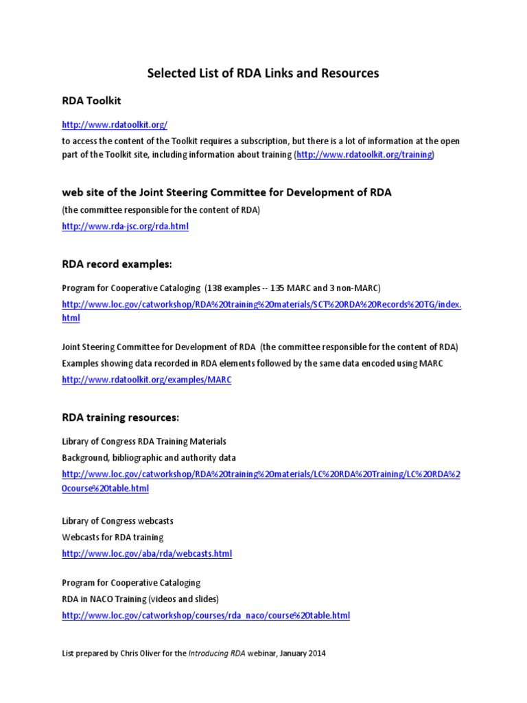 RDA Resources January 2014 | PDF | Cataloging | Data