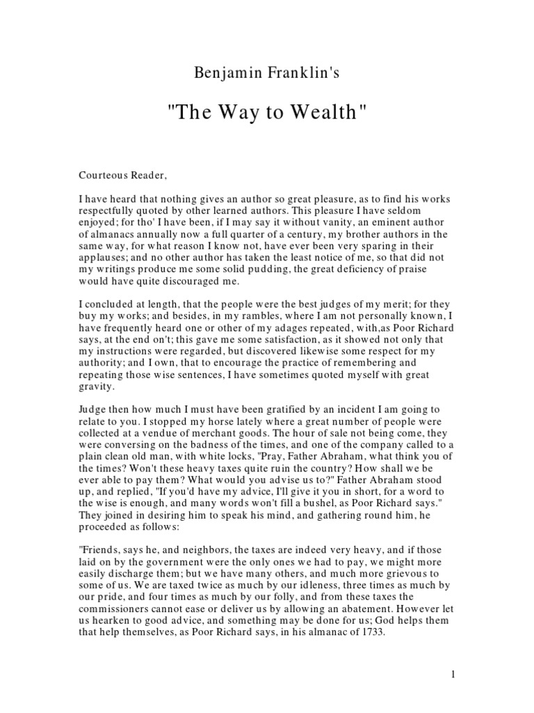 Benjamin Franklin's - Way To Wealth | PDF | Benjamin Franklin | Proverb